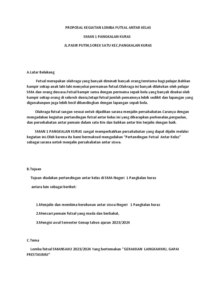 Proposal Kegiatan Lomba Futsal Antar Kelas 11 Ips 1 | PDF | Olahraga ...