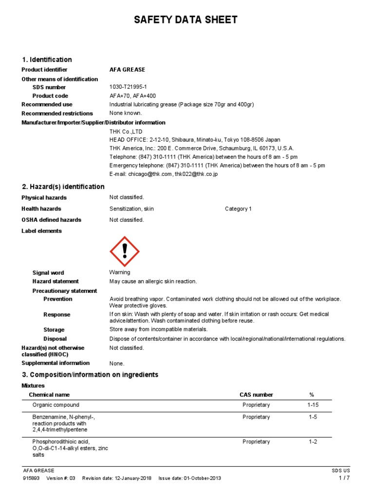 AFA - SDS - USA Grease | PDF | Dangerous Goods | Personal Protective Equipment