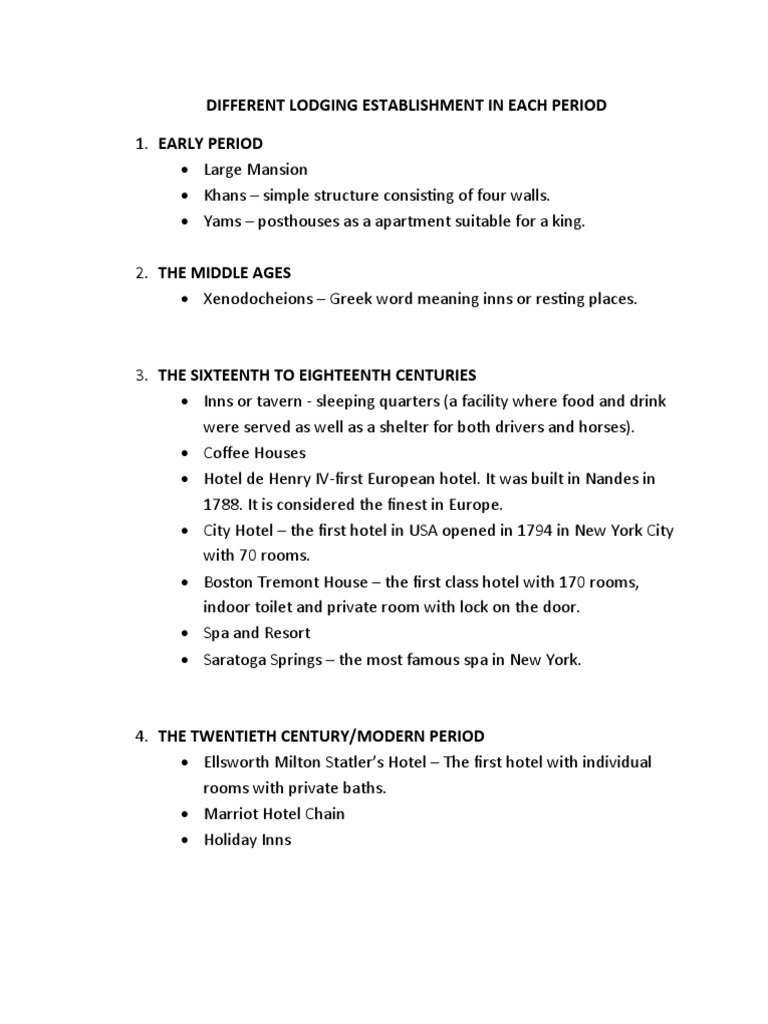 Evolution of Hospitality Establishments | PDF | Hotel | Inn