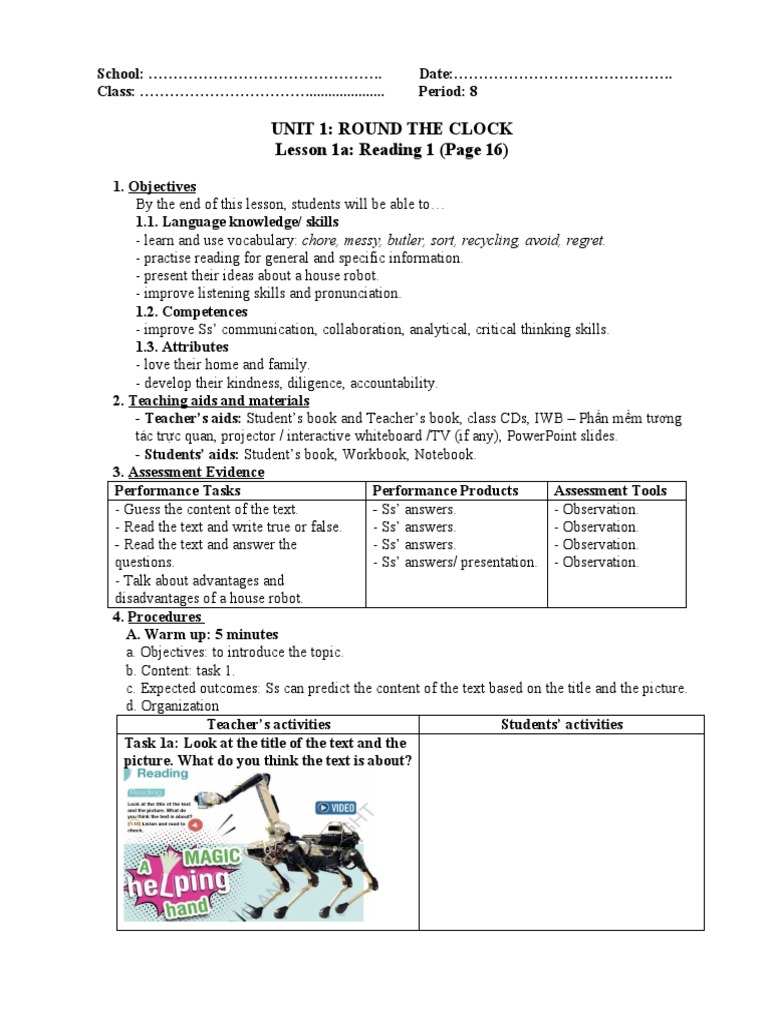Giáo Án Tiếng Anh 10 Bright 8 Lesson 1a - Reading 1 | PDF | Reading Comprehension | Cognitive ...