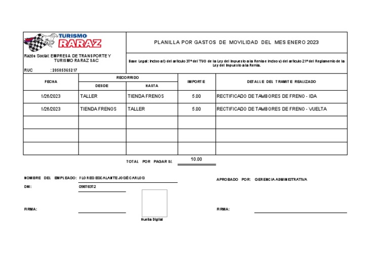 Formato Planilla de Movilidad | PDF