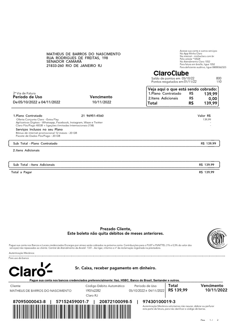 Claro Faturas102022 | PDF | Bancos