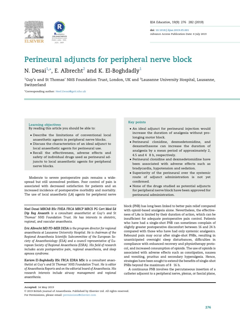 Perineural Adjuncts For Peripheral Nerve Block | PDF | Anesthesia | Opioid