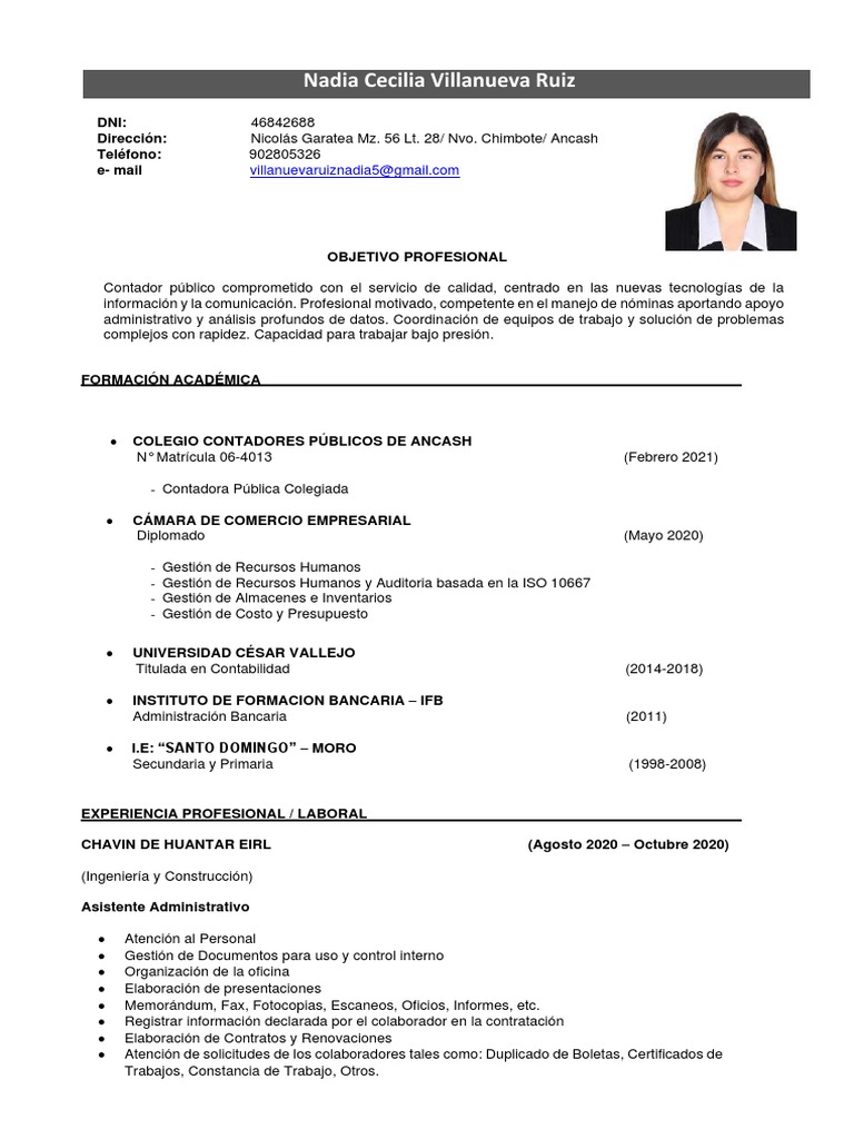 CV Villanueva Ruiz Nadia Cecilia | PDF | Contabilidad | Contador