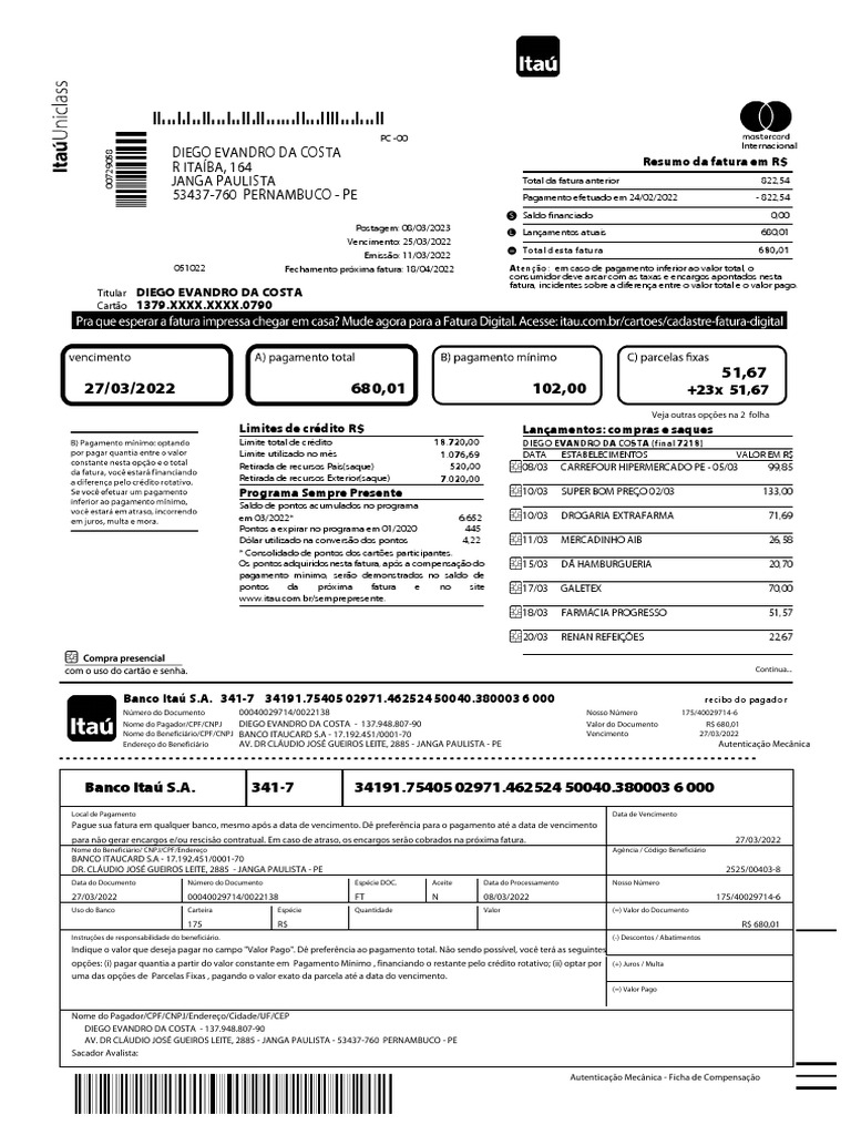 Fatura Itau Uniclass Mastercard Internacional | PDF | Setor privado ...