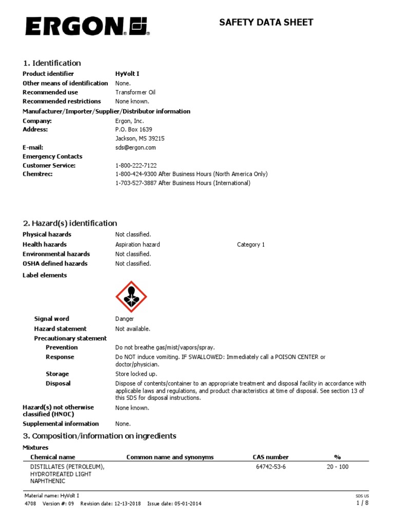 HyVolt I Transformer Oil Safety Data | PDF | Dangerous Goods ...