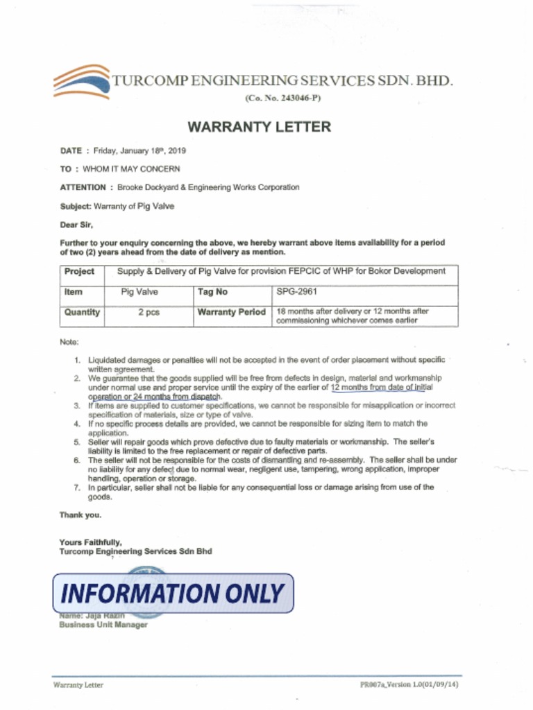 Warranty Letter Sample | PDF