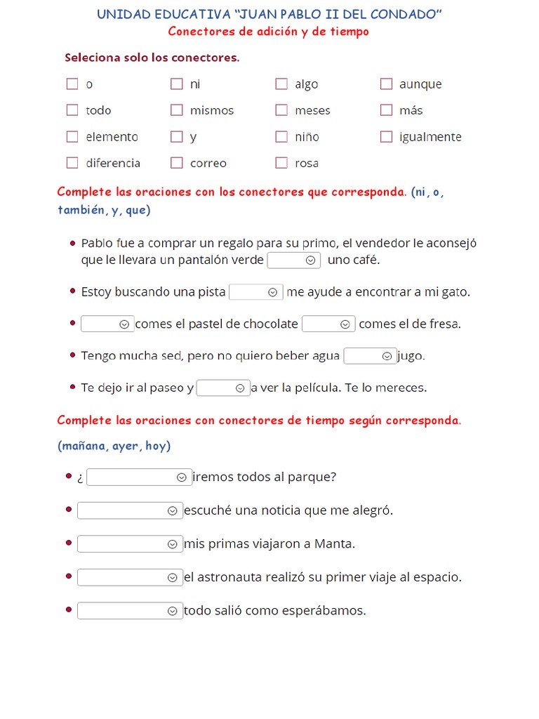 Conectores de Adición Hoja de Trabajo | PDF