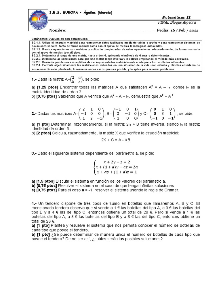 Bloque Algebra - Final - 20 - 21 | PDF | Matriz (Matemáticas) | Determinante