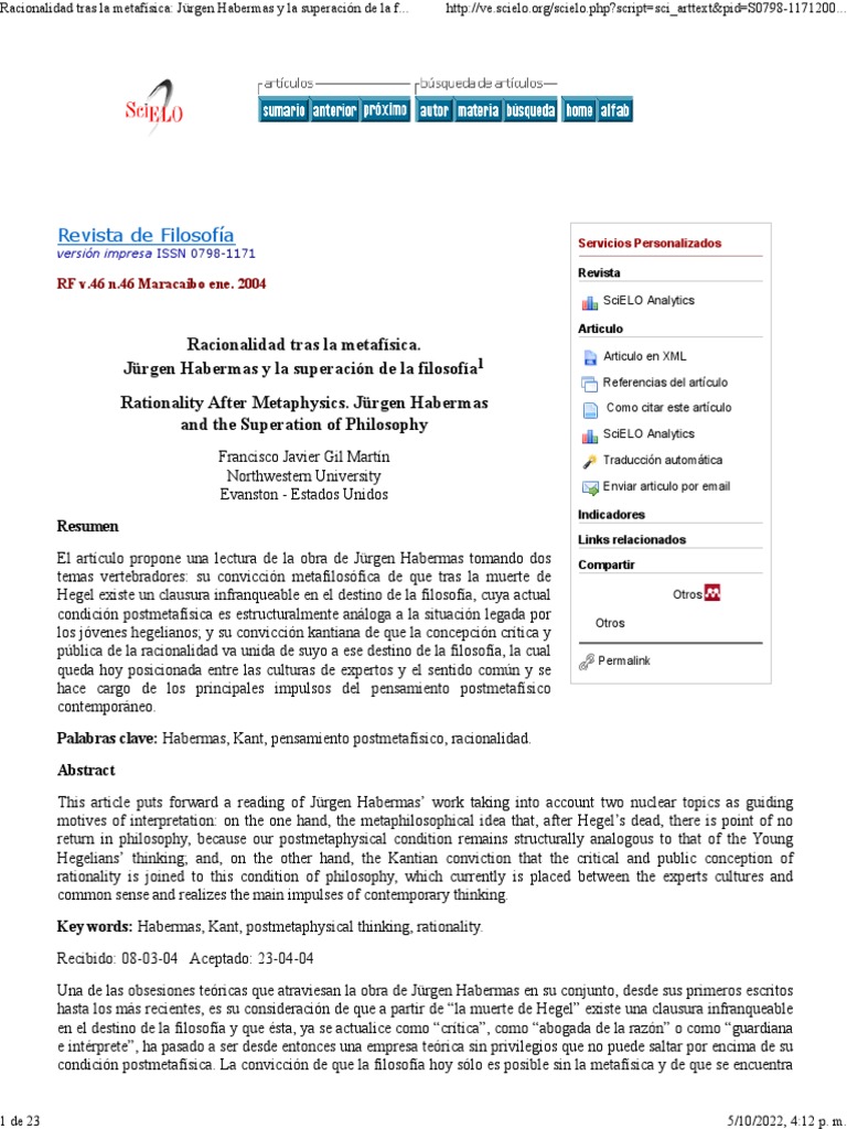 Racionalidad Tras La Metafísica Jürgen Habermas y La Superación de La Filosofía | PDF | Jürgen ...