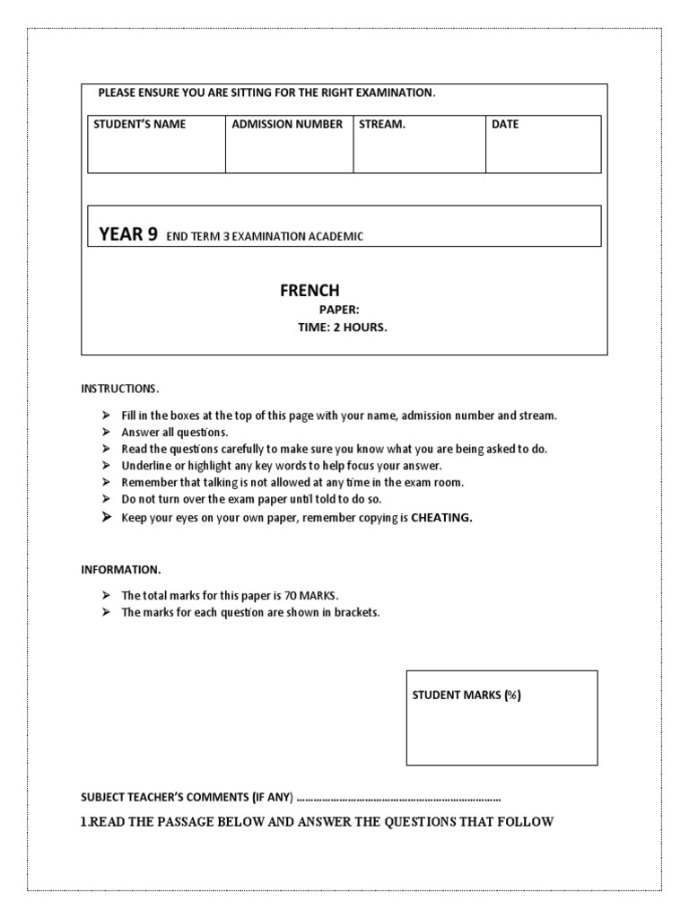 Examen de Français - Année 9 | PDF