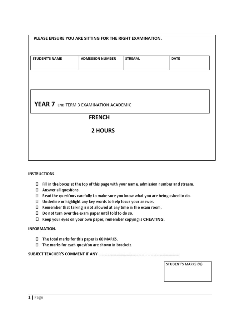 Year 7 French End Term 3 2021 | PDF | Grammar | Syntax
