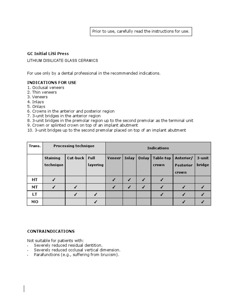 GC LiSi Press Working Instructions | PDF | Materials | Dentistry Branches