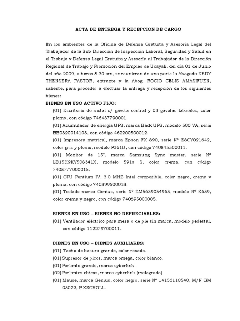 ACTA DE ENTREGA Y RECEPCION DE CARGO-DRTPE | PDF