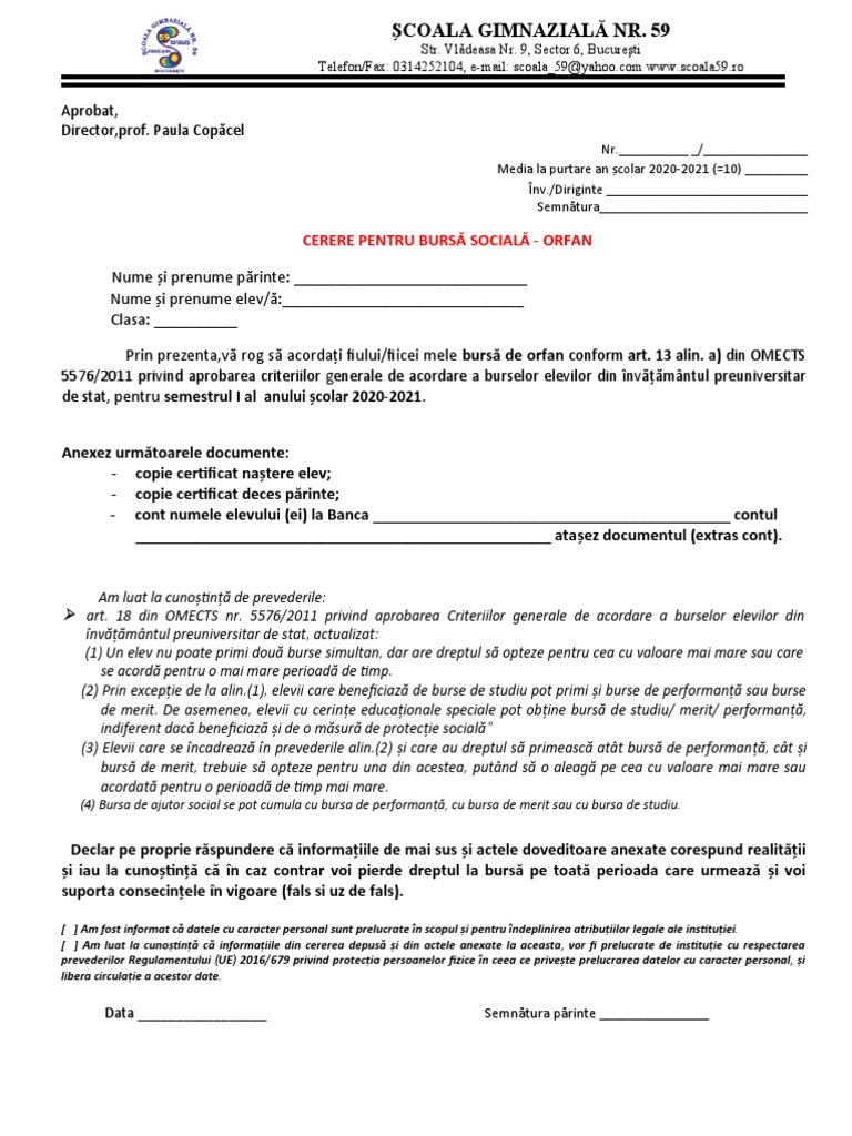 Cerere Bursa Sociala Orfan | PDF