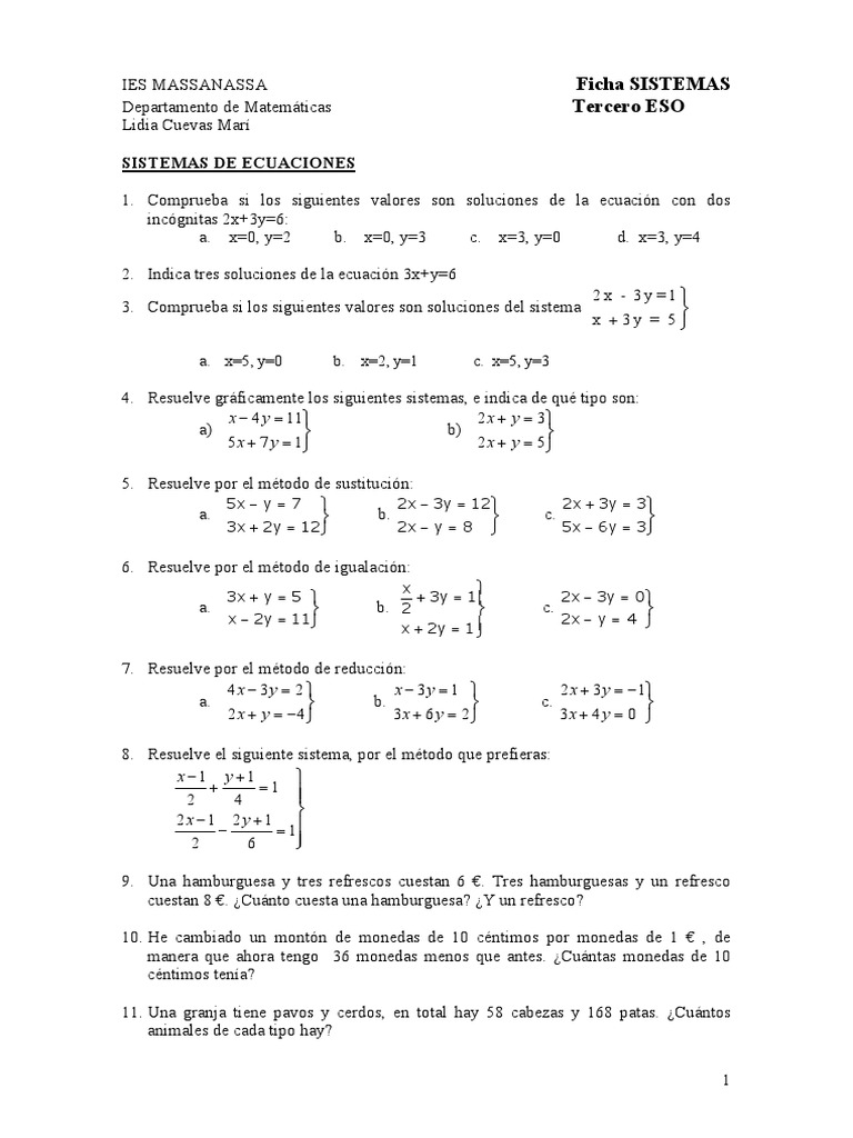 Sistemas Ecuaciones 3º Eso | PDF | Matemáticas | Ecuaciones