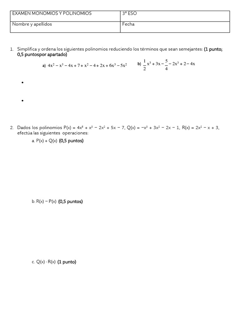 examen monomios y polinomios 3º eso | PDF