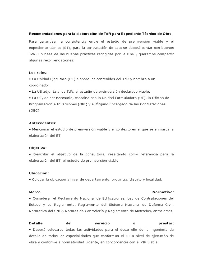 Recomendaciones para la elaboración de TdR para Expediente Técnico de ...
