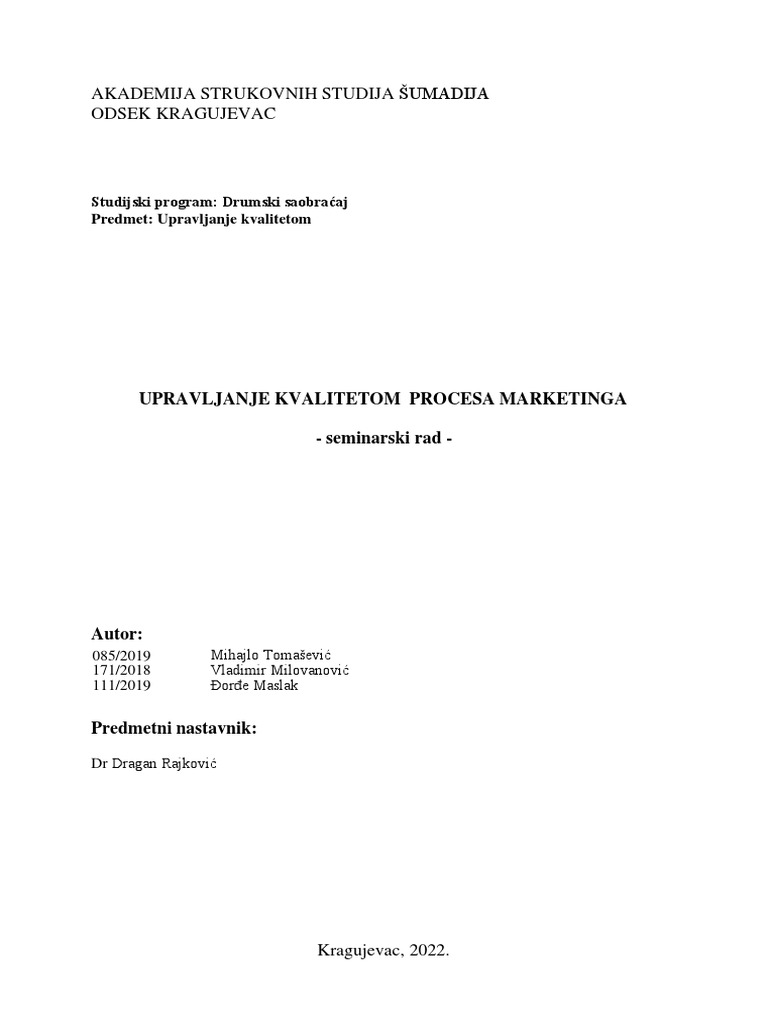 Upravljanje Kvalitetom Procesa Marketinga | PDF