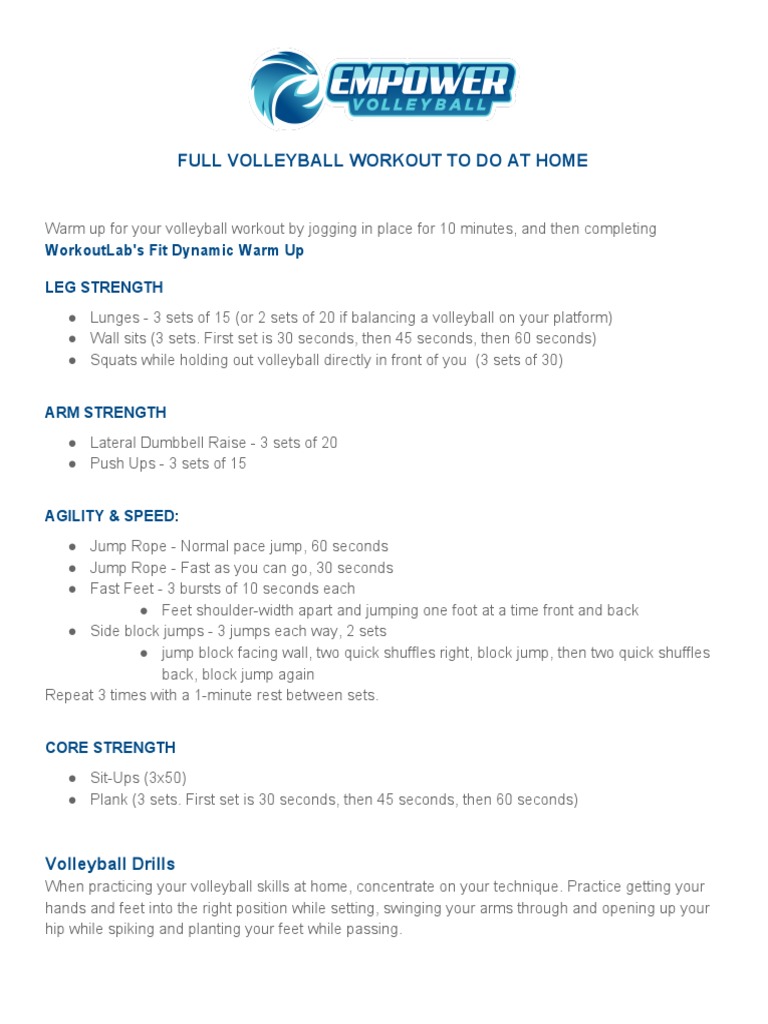 Full Volleyball Workout To Do at Home | PDF | Volleyball | Physical ...