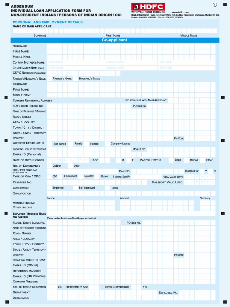 HDFC Individual Loan Form Addendum For NRI A104 | PDF | Personal Identification Number | Money