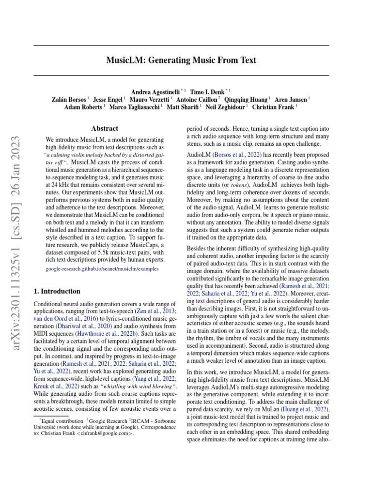 Musiclm: Generating Music From Text: Google-Research - Github.Io/Seanet ...