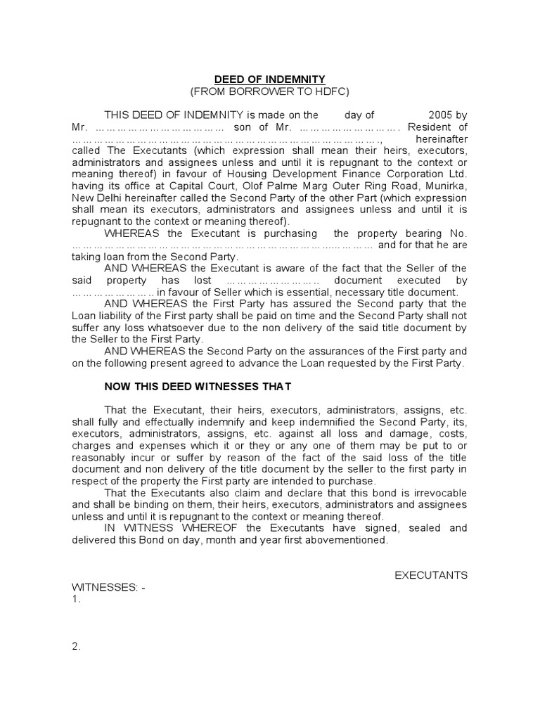 Indemnity Bond For Lost Document by Borrower To HDFC | PDF | Indemnity ...