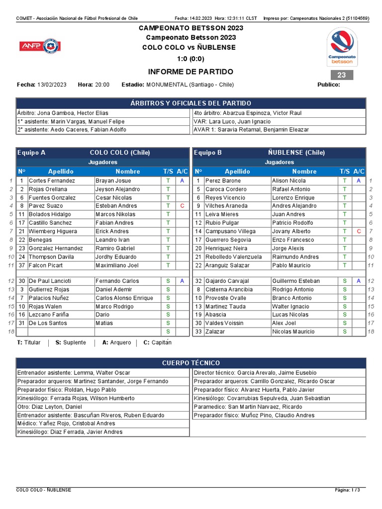 Informe Arbitral Colo Colo Ñublense | PDF | Equipos deportivos ...