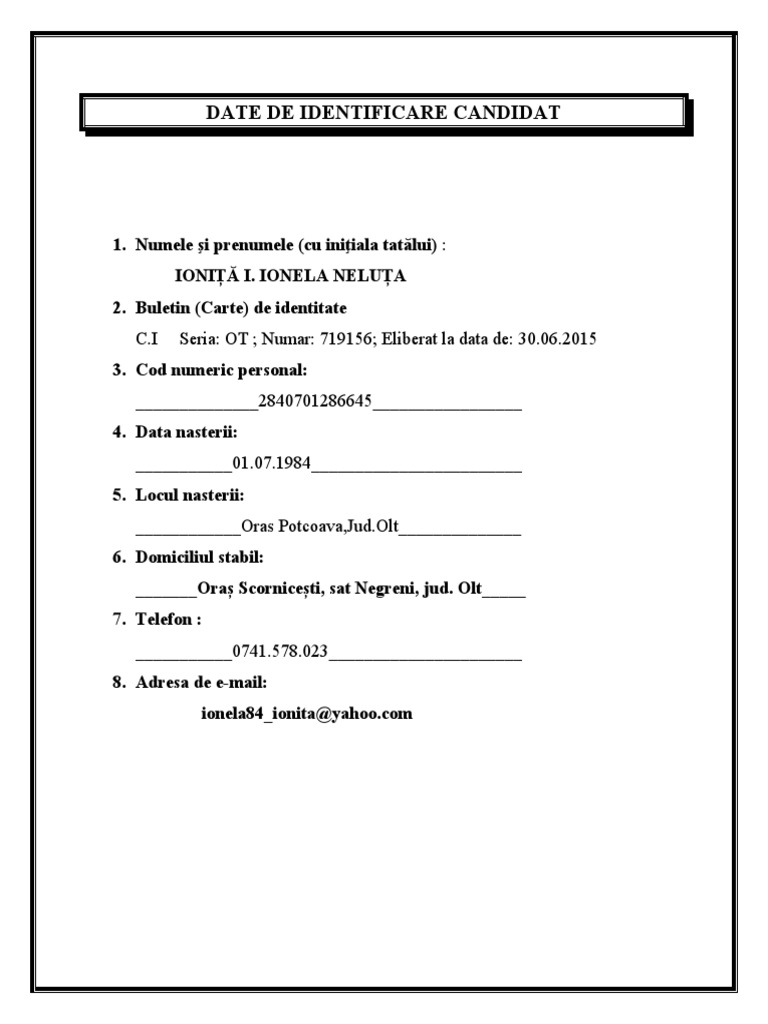 Date Identificare Candidat | PDF