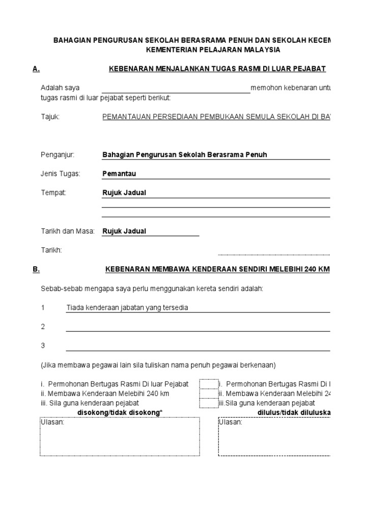 Borang Kebenaran Guna Kenderaan Sendiri | PDF