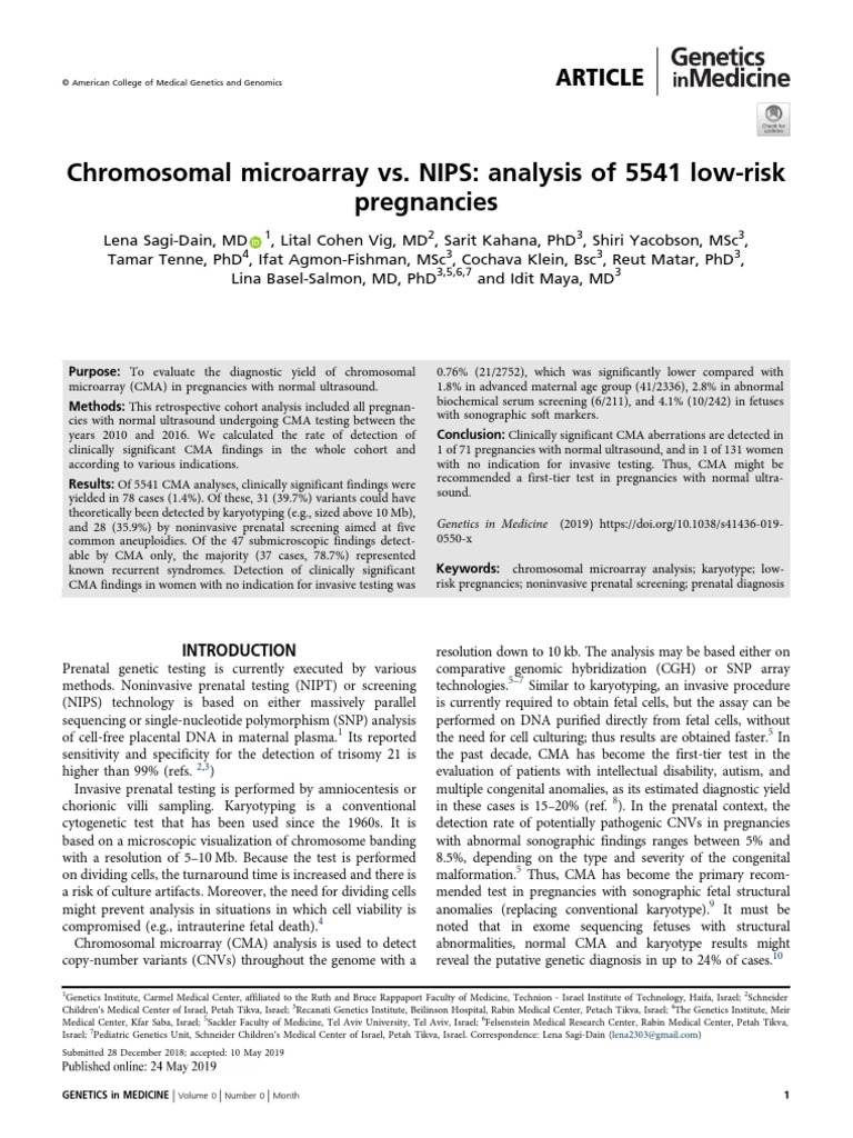 2019 Chromosomal Microarray vs. NIPS Analysis of 5541 Low-Risk ...