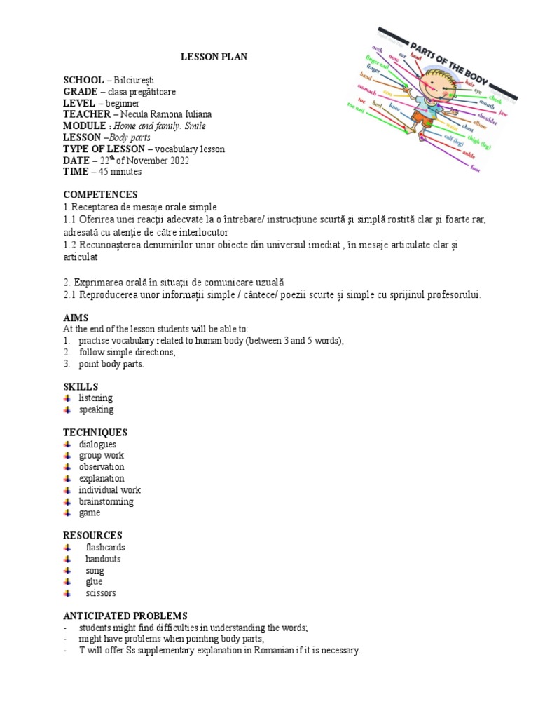 LESSON PLAN CP Body Parts | PDF | Teaching | Communication