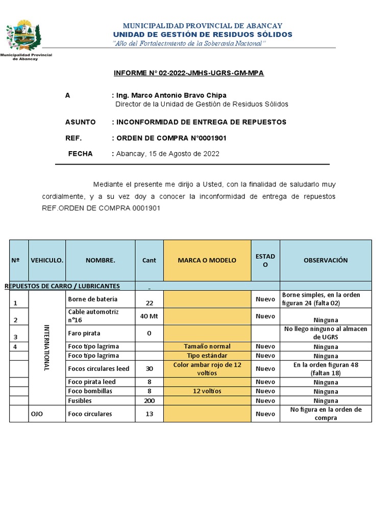 INFORME de Inconformidad. | PDF