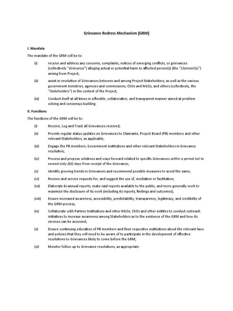 Sample Terms of Reference - Project-Level Grievance Redress Mechanism ...