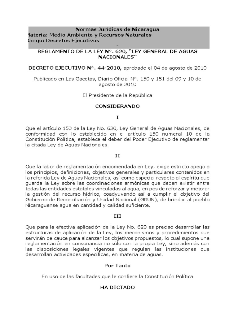 4 - Decreto #44-2010 - Reglamento de La Ley #620 General de Aguas ... 4 - Decreto #44-2010 - Reglamento de La Ley #620 General de Aguas ...