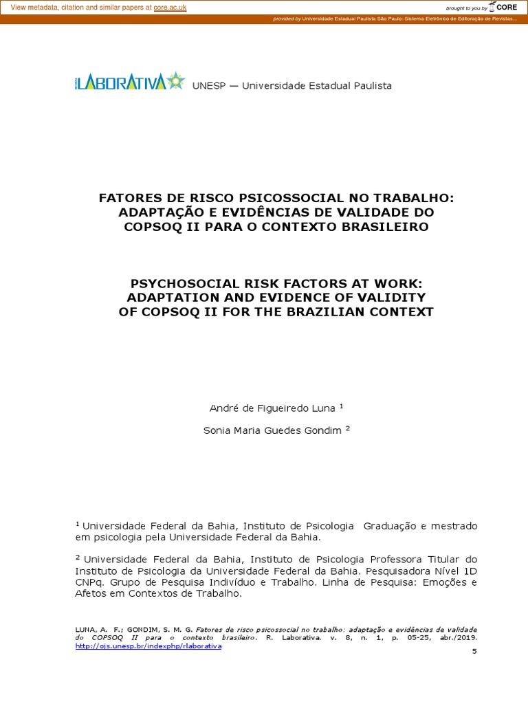FATORES DE RISCO PSICOSSOCIAL NO TRABALHO - Adaptação e Evidencias para ... FATORES DE RISCO PSICOSSOCIAL NO TRABALHO - Adaptação e Evidencias para ...