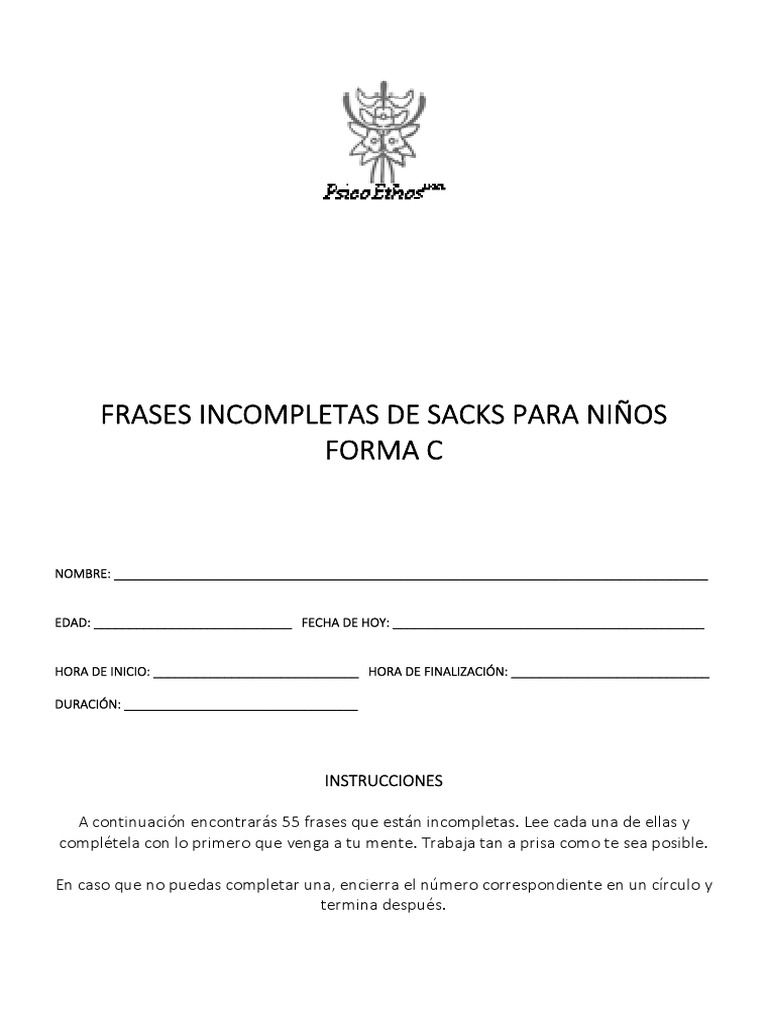 Test de SACKS Infantil C (Aplicación) | PDF | Crecimiento personal y ...