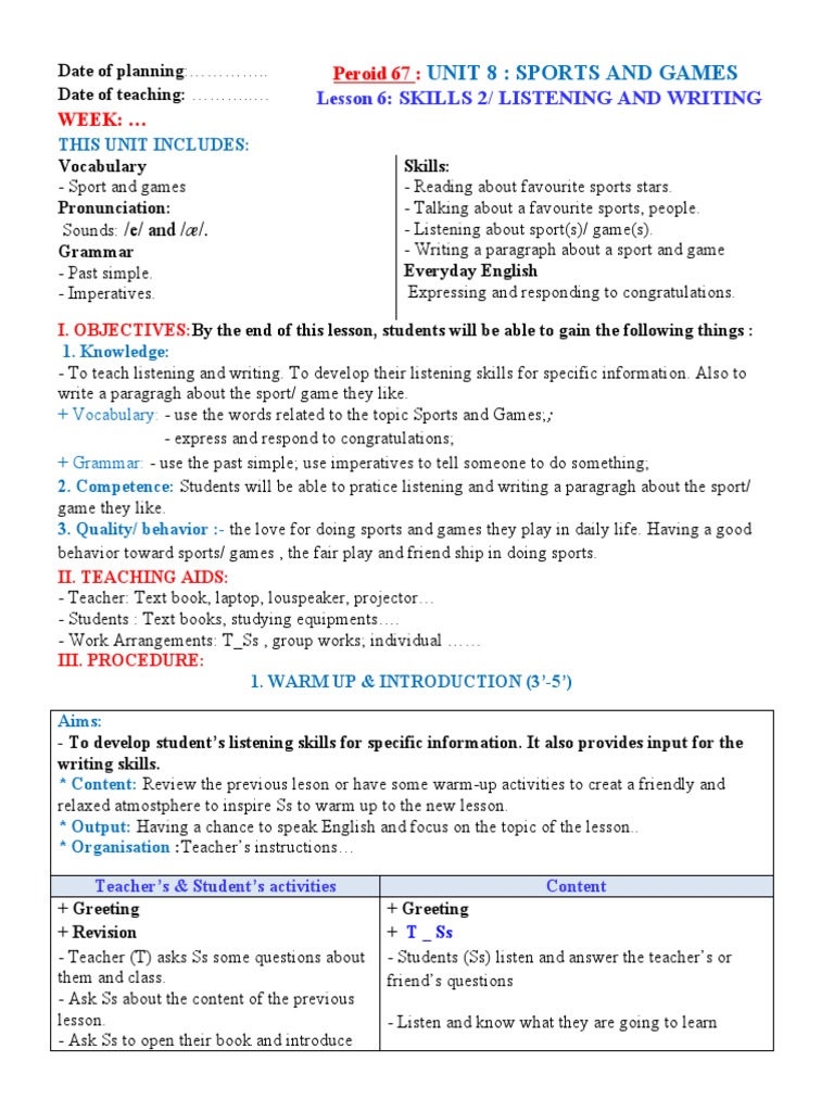 Unit 8 Lesson 6: Sports Skills | PDF | Vocabulary | Question