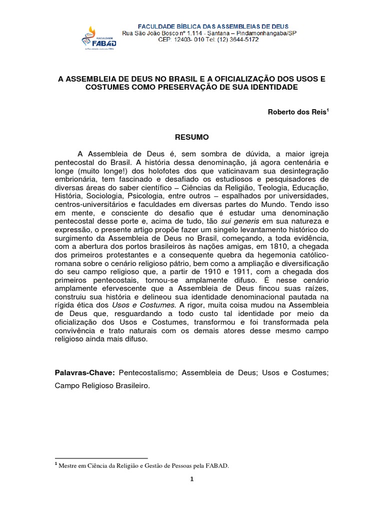 A Assembleia de Deus no Brasil e a oficilização dos usos e costumes ...