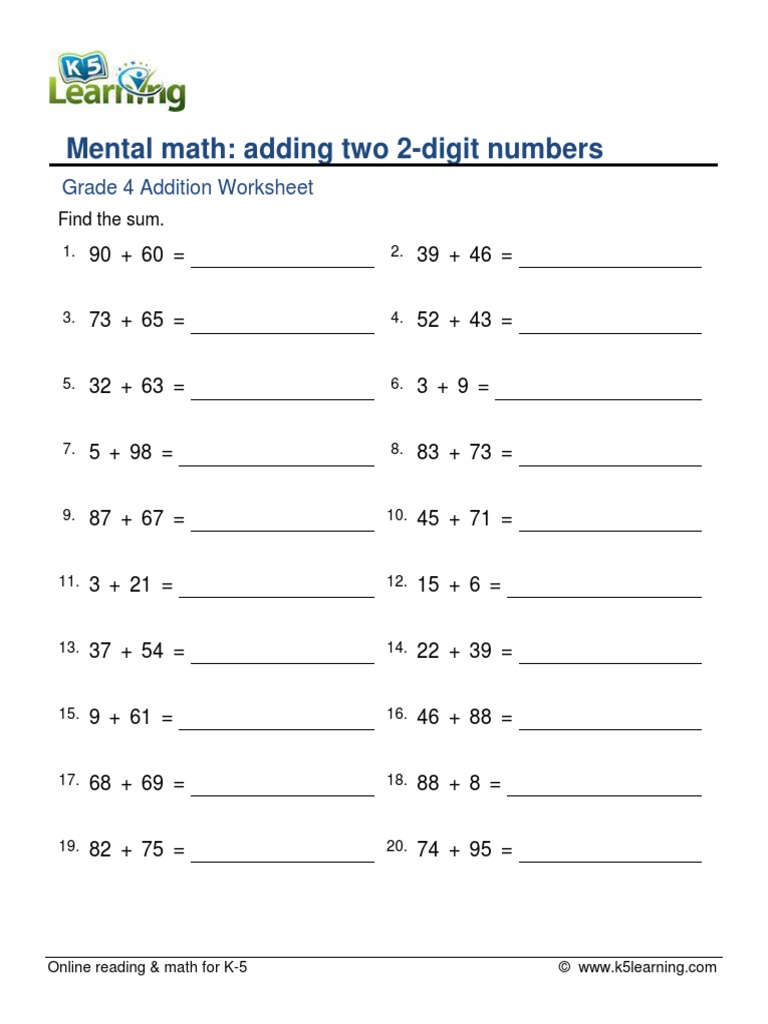 Grade 4 Adding 2 Digit Mental B | PDF
