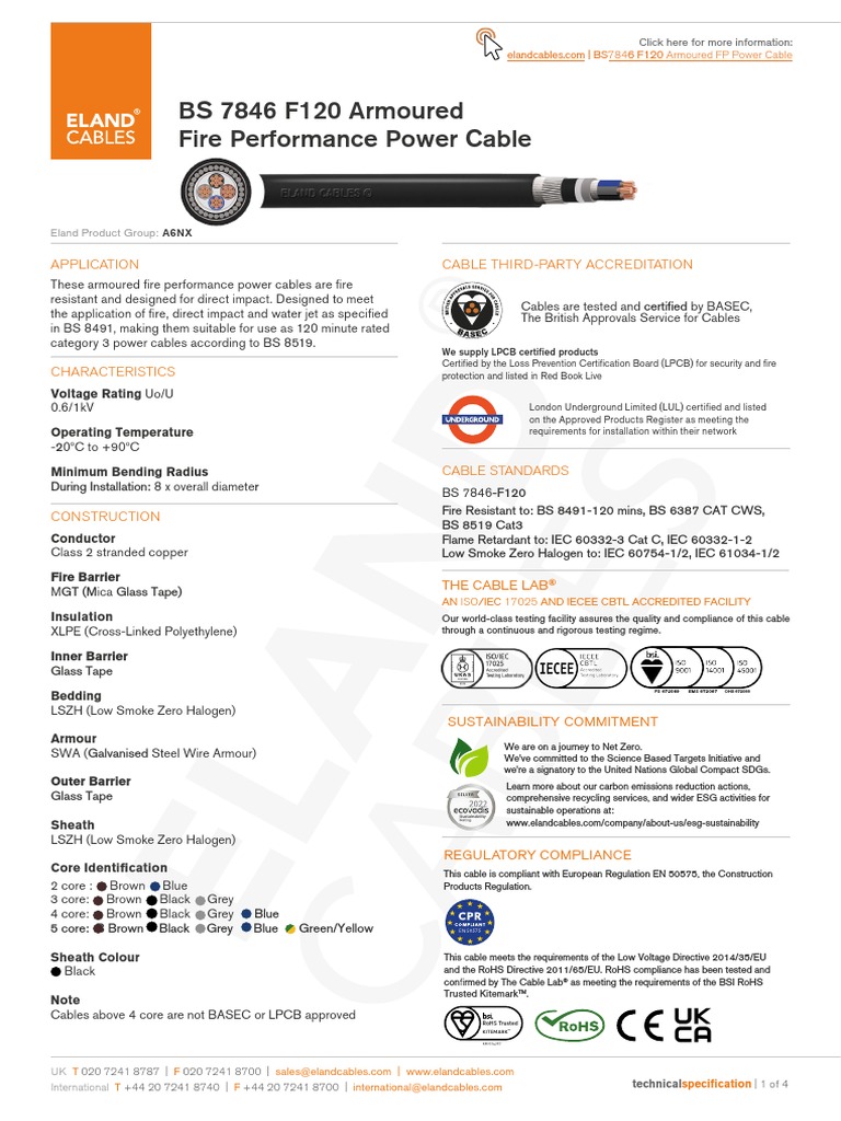 Bs 7846 Armoured Fire Performance Power Cable | PDF | Electric Power ...
