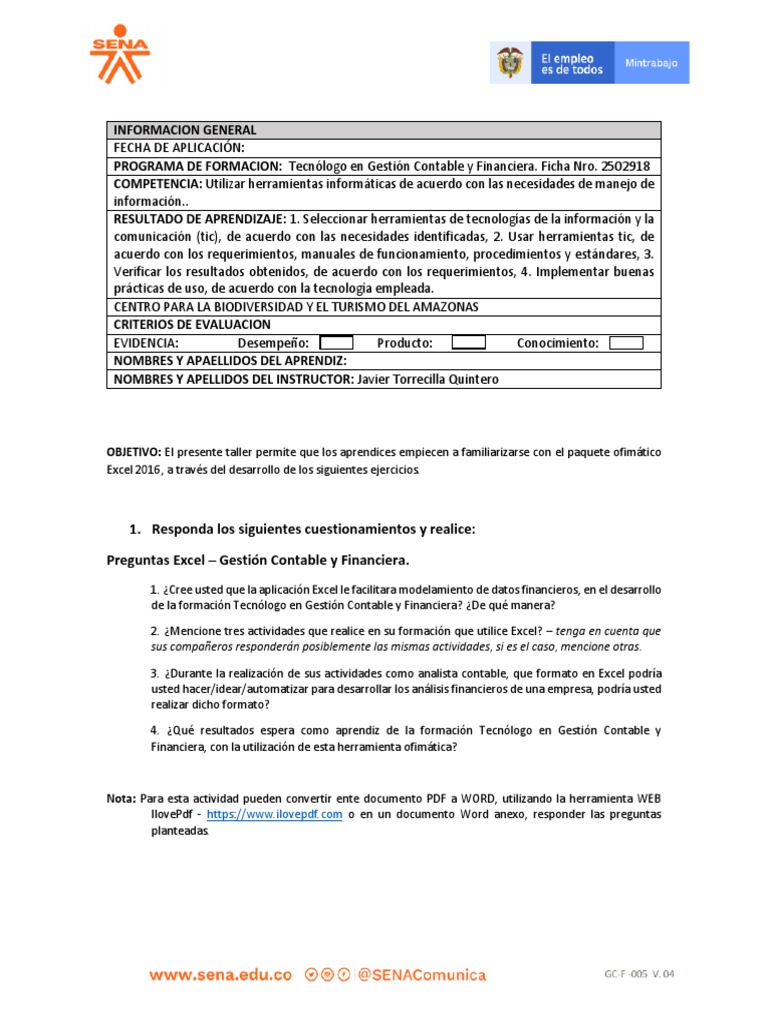 TALLER 01 Ejercicios Excel | PDF | Microsoft Excel | Tecnología de información y comunicaciones