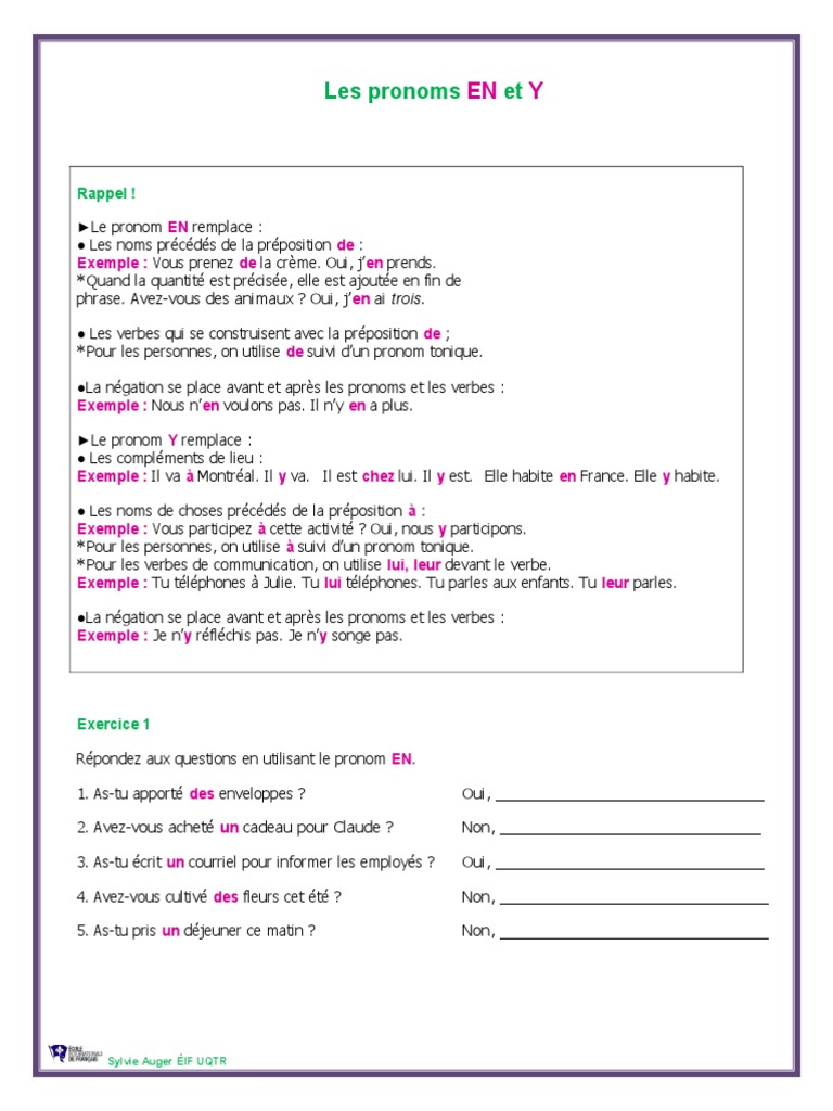 Les Pronoms Compléments EN Et Y Exercices Et Corrigé | PDF | Pronom ...