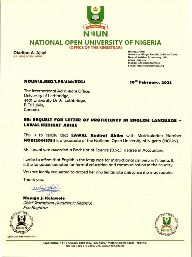 English Proficiency Letter For University of Lethbridge | PDF