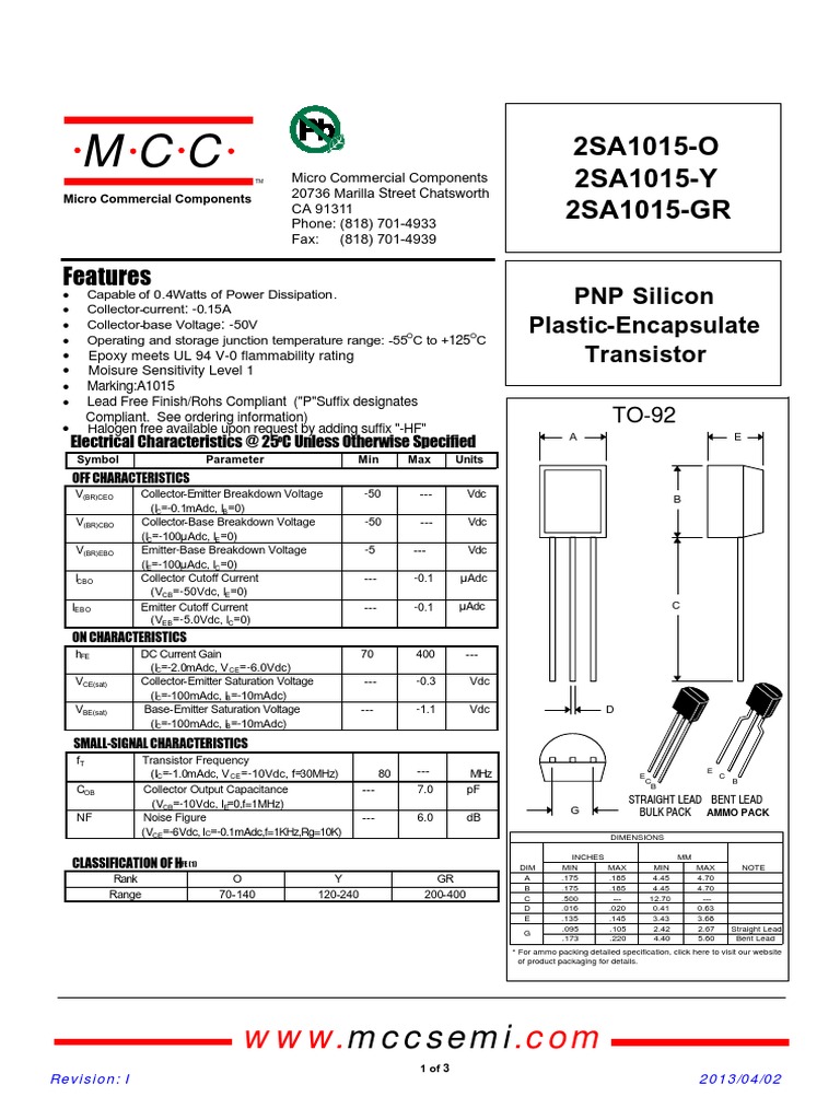 2sa1015-Gr MCC | PDF | Bipolar Junction Transistor | Semiconductor Devices