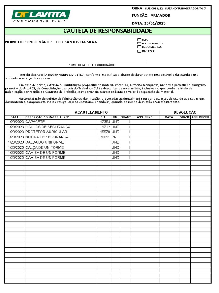 Cautela de EPIS2 | PDF | Relações de trabalho | Trabalho