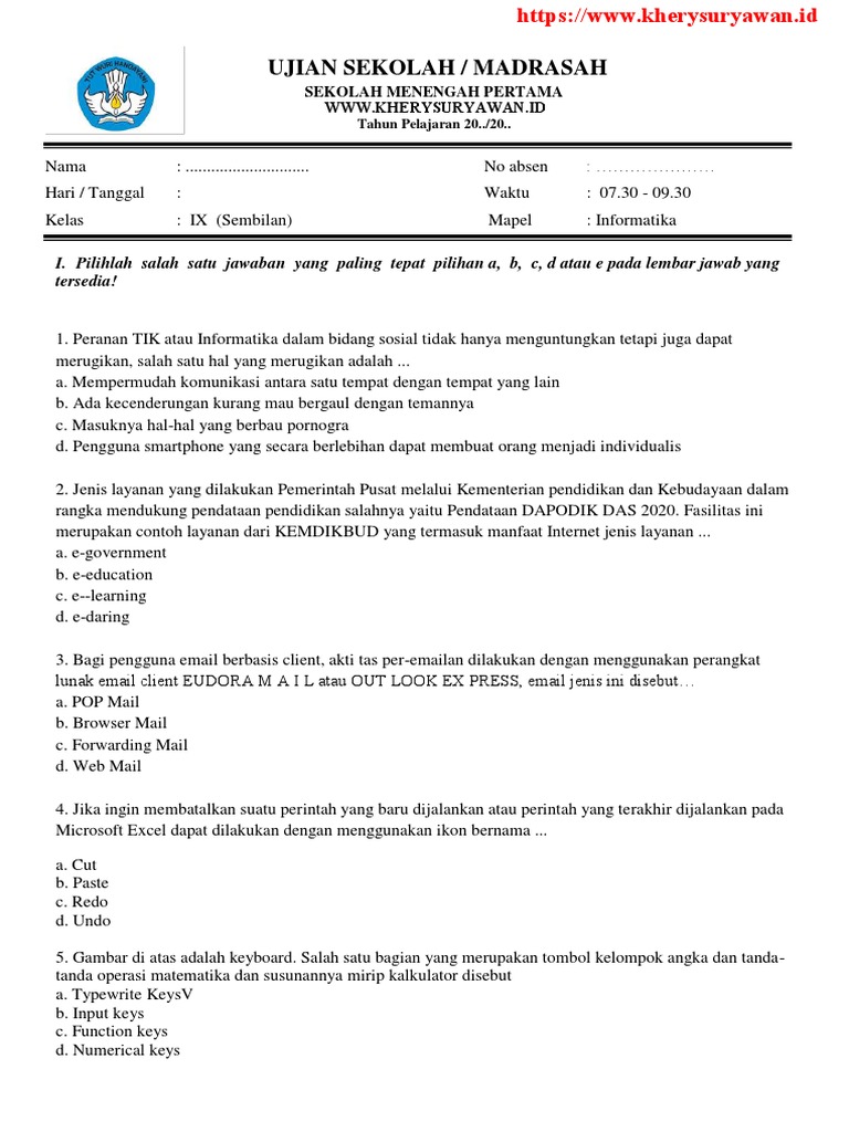 Soal Ujian Sekolah Informatika SMP - WWW - Kherysuryawan.id | PDF