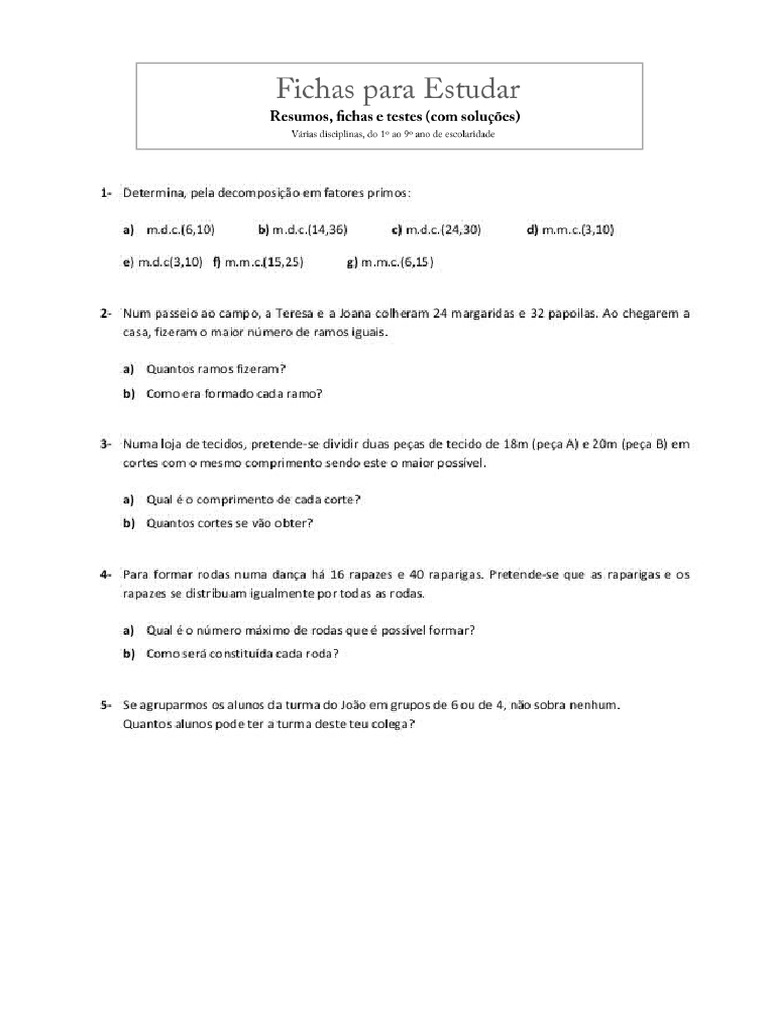 Ficha Matematica 6 Ano Problemas MMC MDC | PDF