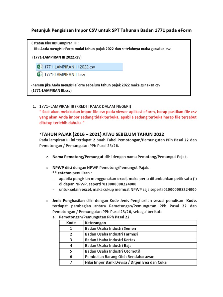 Petunjuk Pengisisan Impor CSV 1771 2022 | PDF