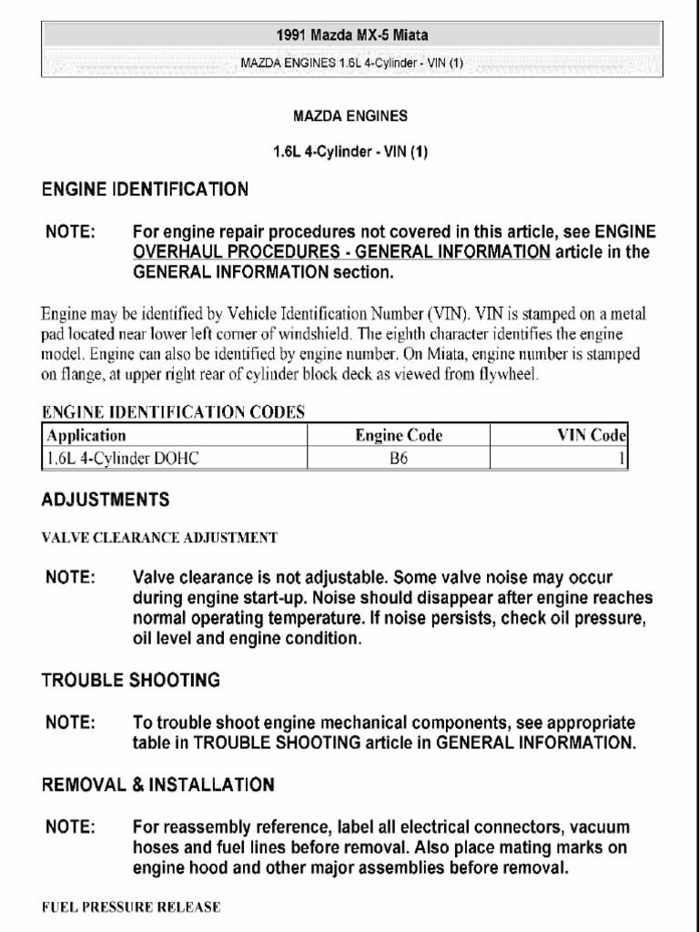 MX5 Miata 1991 - Engine - Workshop Manual Including Tolerances | PDF